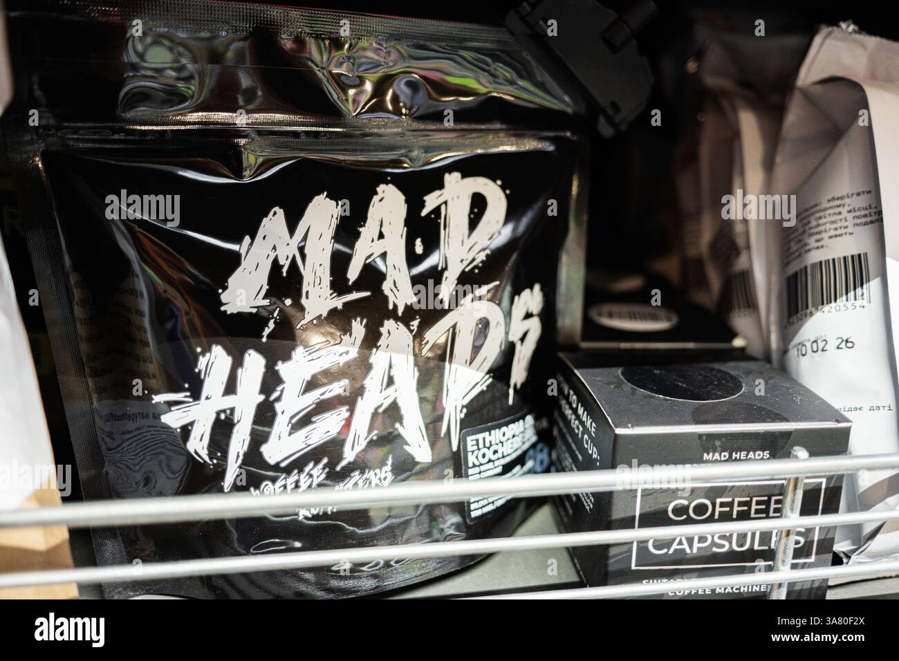 Lviv, Ukraine - March 25, 2025: Coffee packaging featuring Mad Heads ...