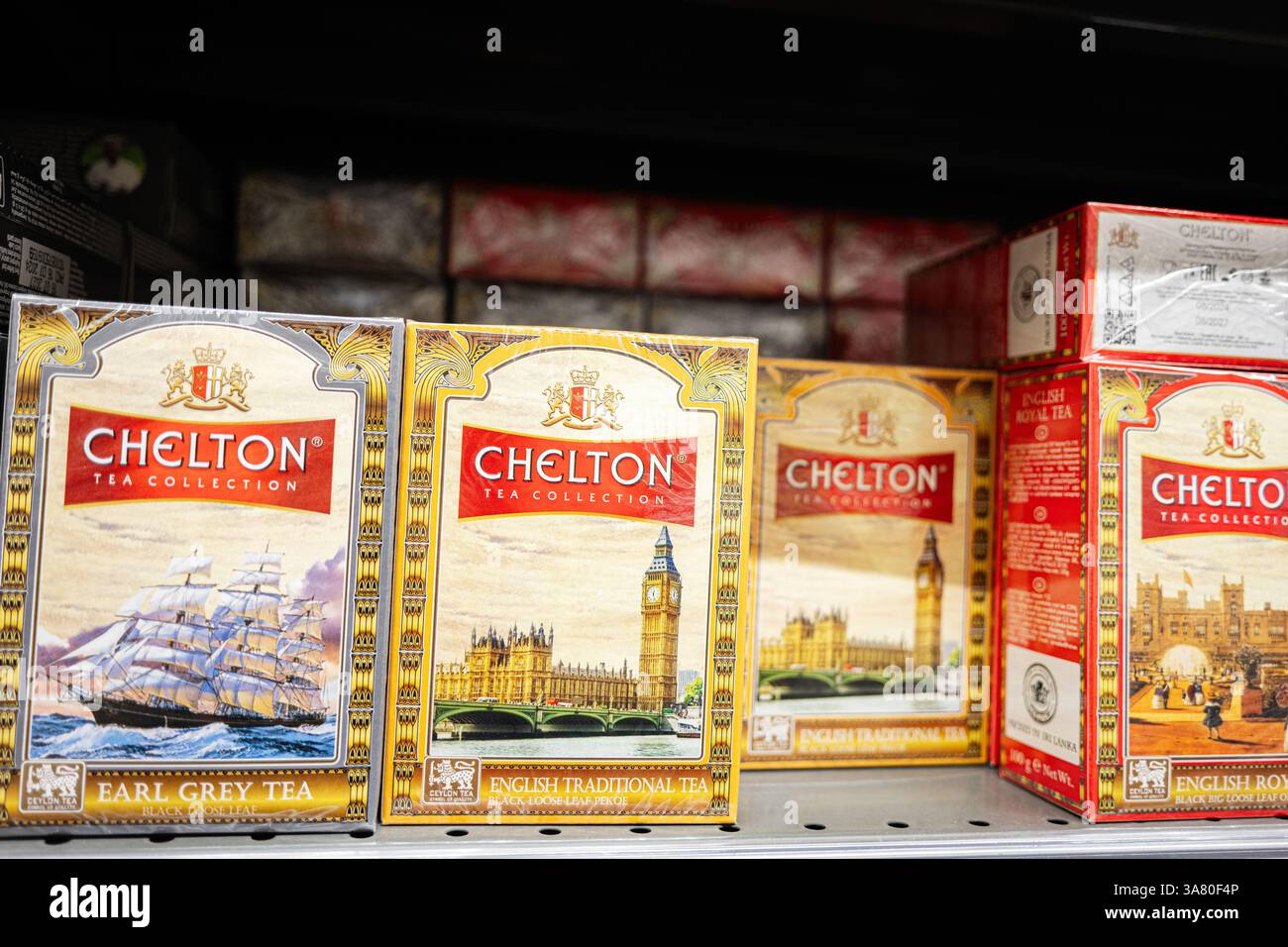 Lviv, Ukraine - March 25, 2025: A variety of Chelton tea packages ...