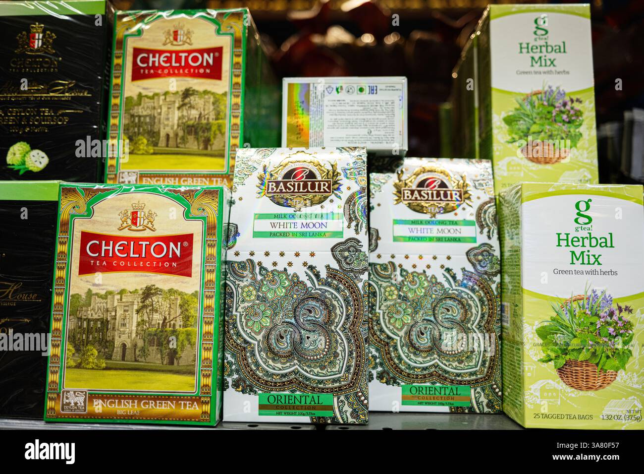 Lviv, Ukraine - March 25, 2025: Collection of Chelton and Basilur tea ...