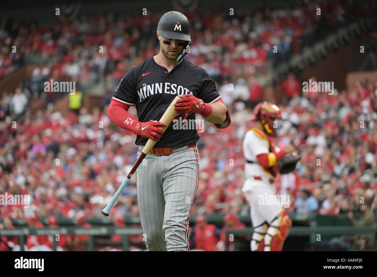 Minnesota Twins' Ryan Jeffers (27) strikes out during the fourth inning ...