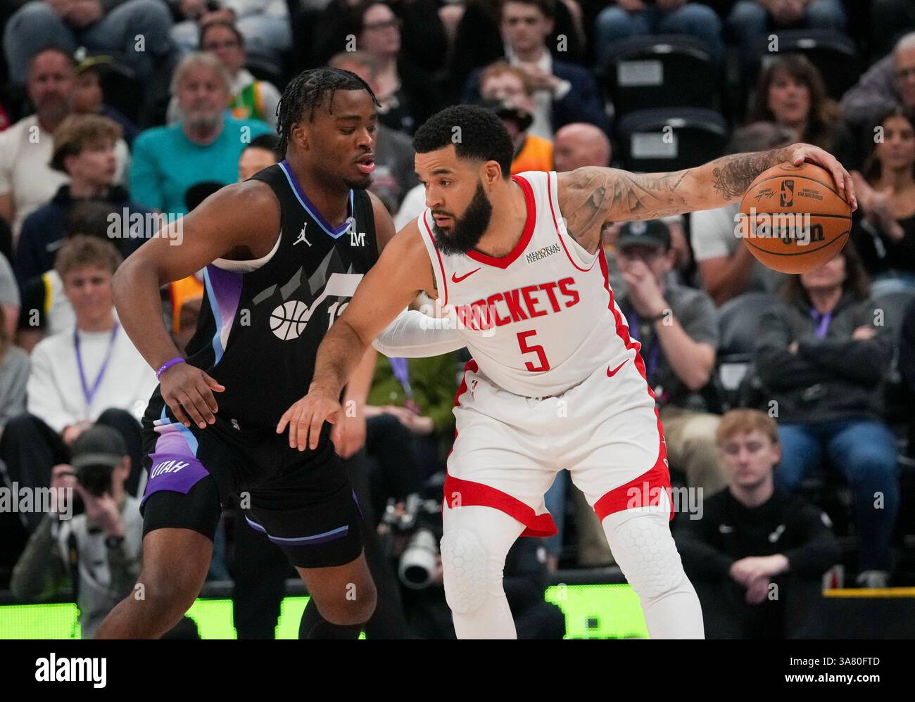 Utah Jazz guard Isaiah Collier (13) defends Houston Rockets guard Fred ...