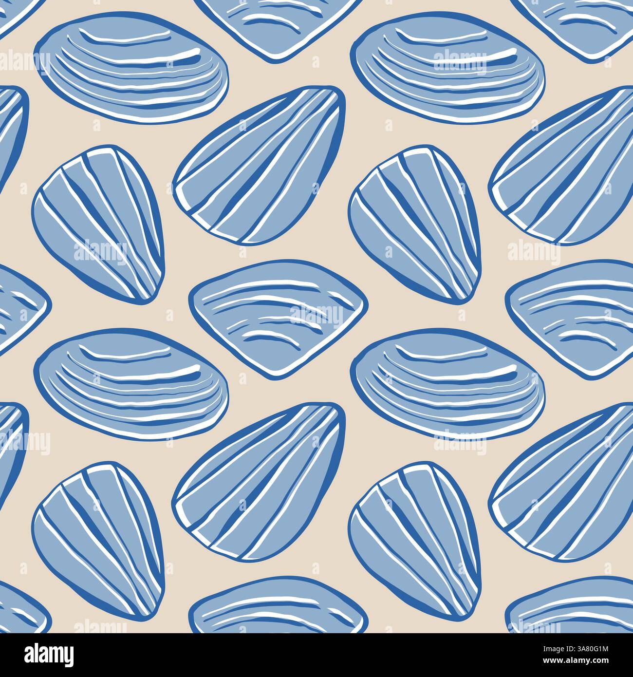 Hand drawn sea shells scallops blue seamless pattern in doodle sketchy ...