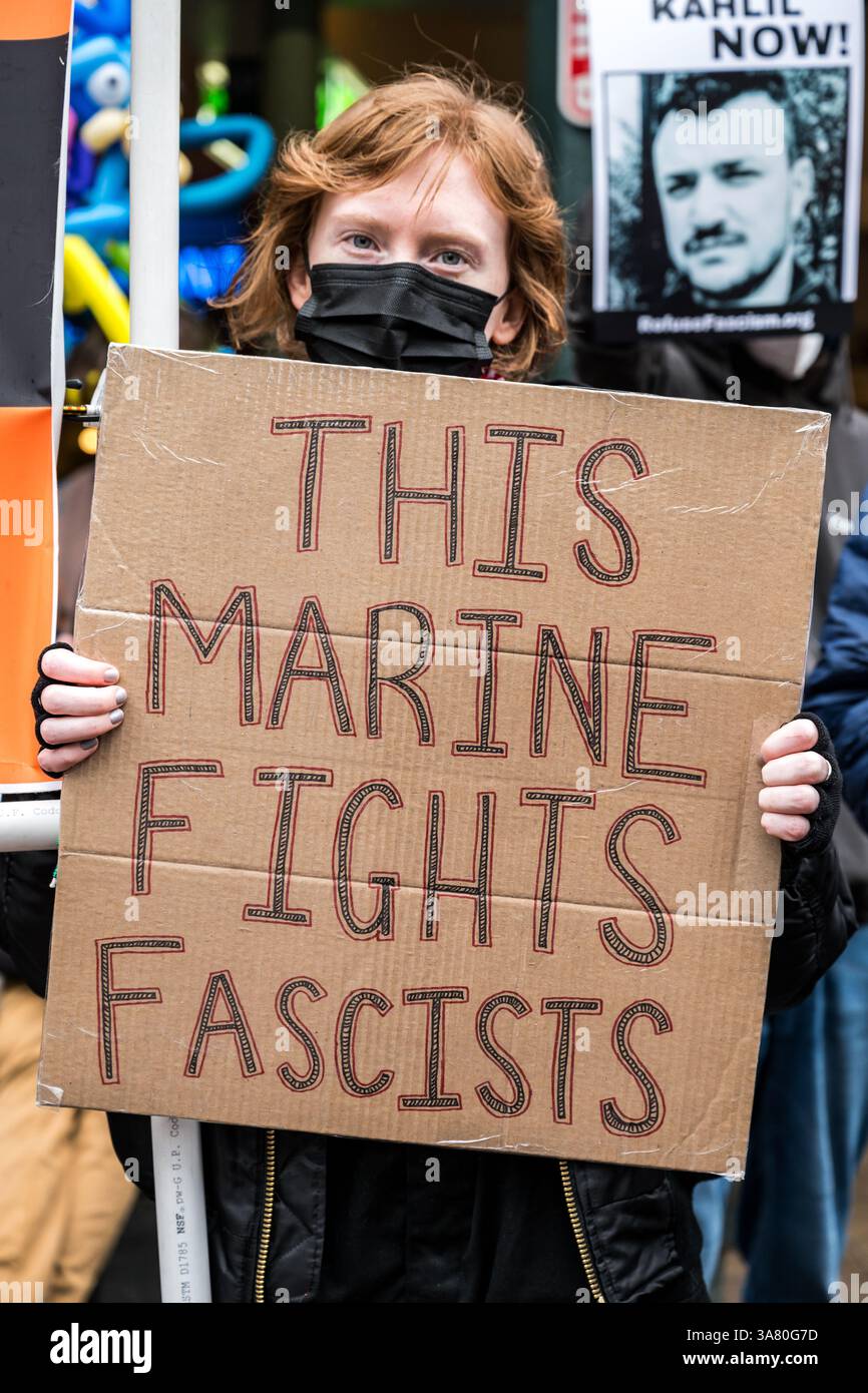 Seattle, USA. 27th Mar 2025. Just after 4:30pm Protestors gather at ...