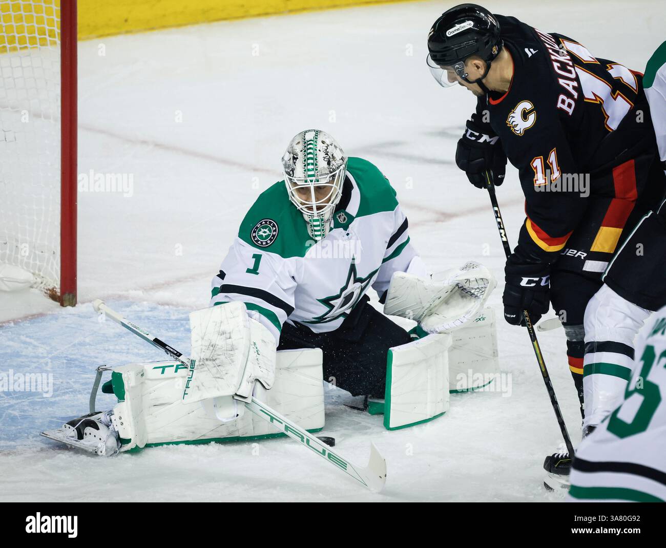 Dallas Stars goalie Casey DeSmith, left, grabs the puck away from ...