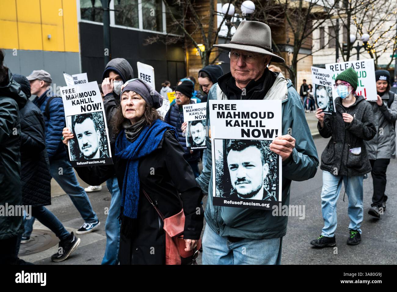 Seattle, USA. 27th Mar 2025. Just after 4:30pm Protestors gather at ...
