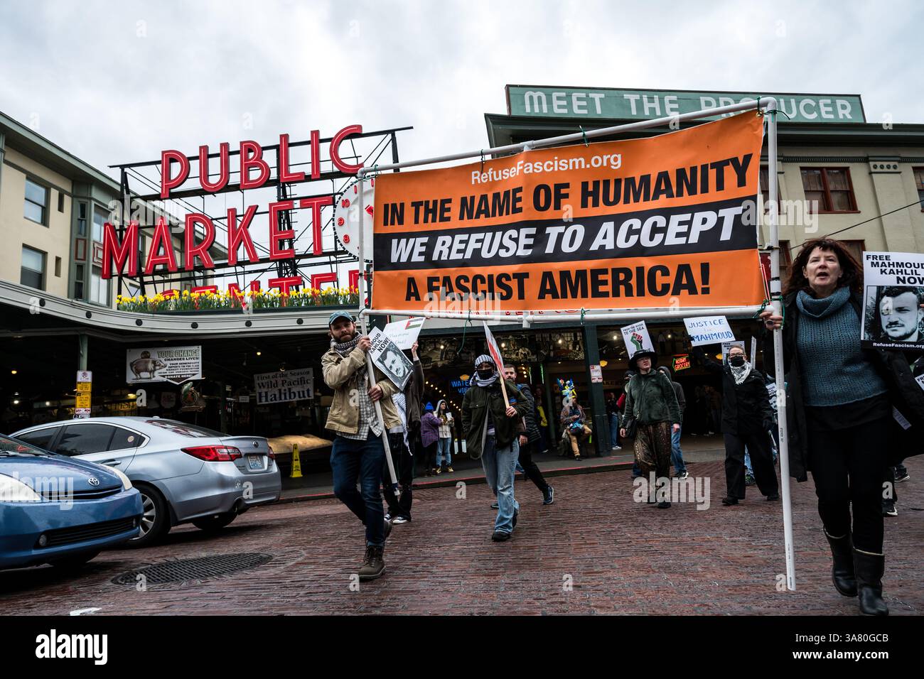 Seattle, USA. 27th Mar 2025. Just after 4:30pm Protestors gather at ...