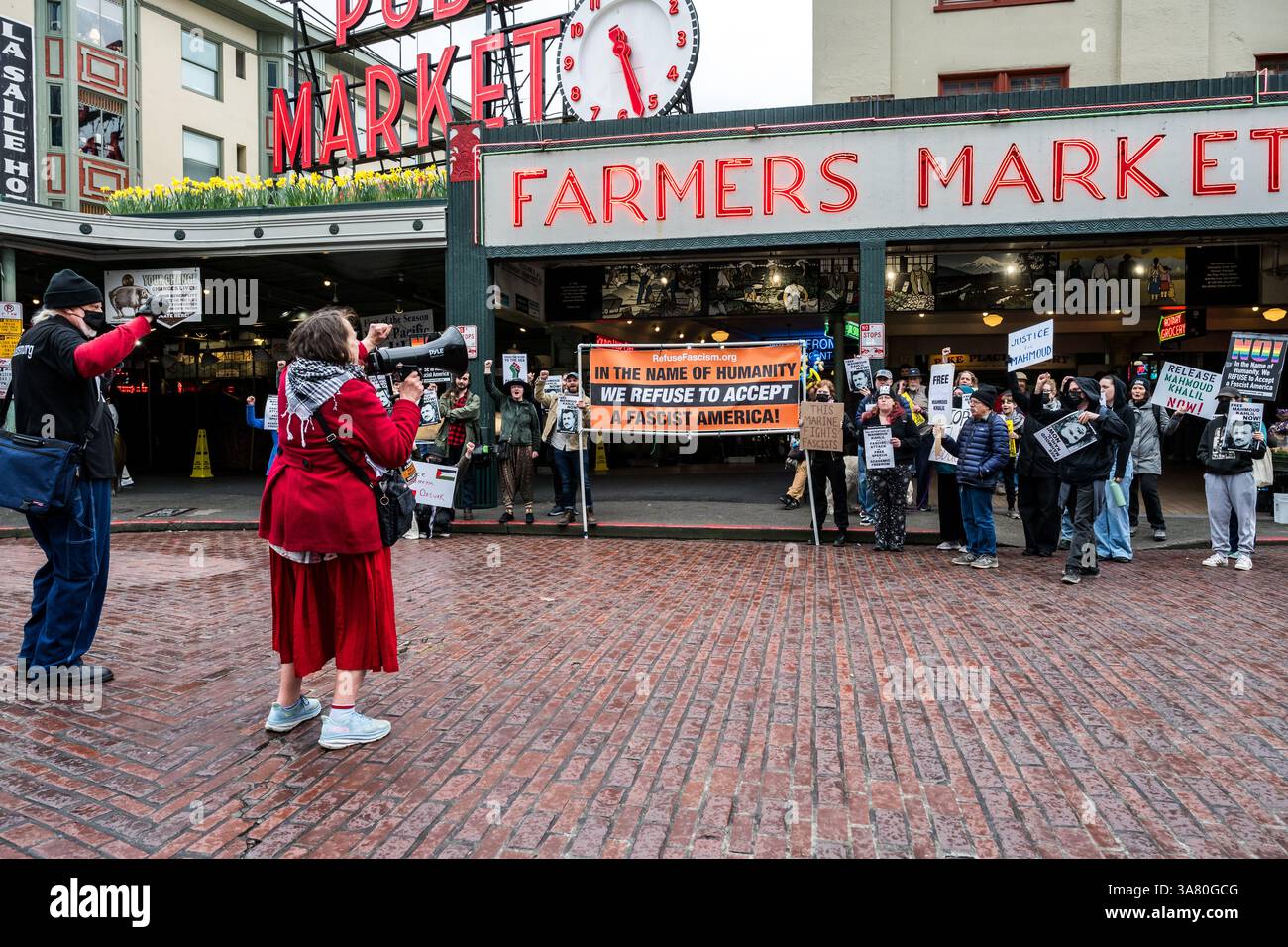 Seattle, USA. 27th Mar 2025. Just after 4:30pm Protestors gather at ...