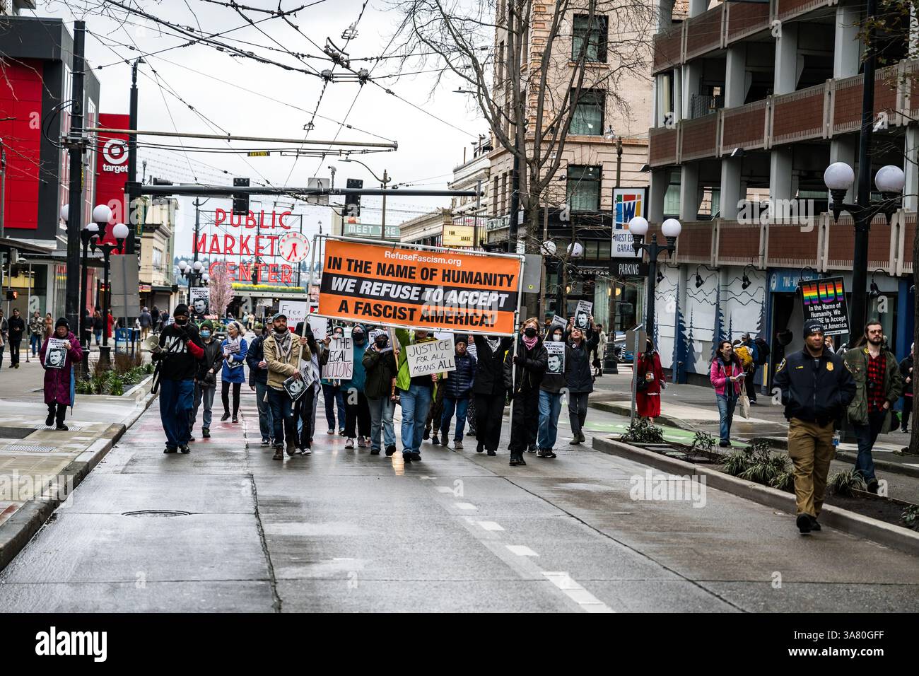 Seattle, USA. 27th Mar 2025. Just after 4:30pm Protestors gather at ...