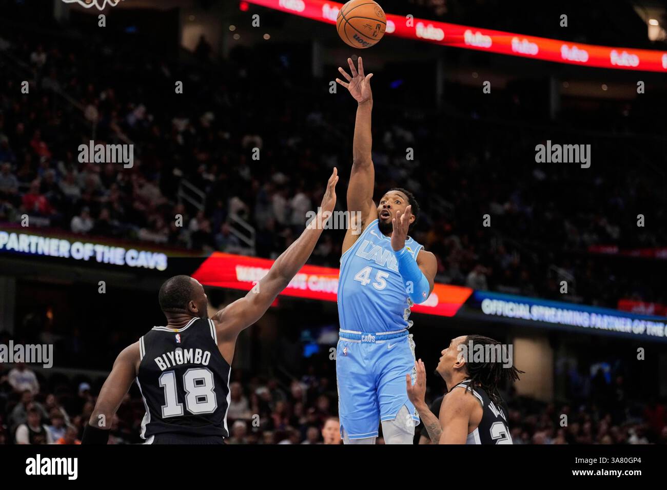 Cleveland Cavaliers guard Donovan Mitchell (45) over and San Antonio ...