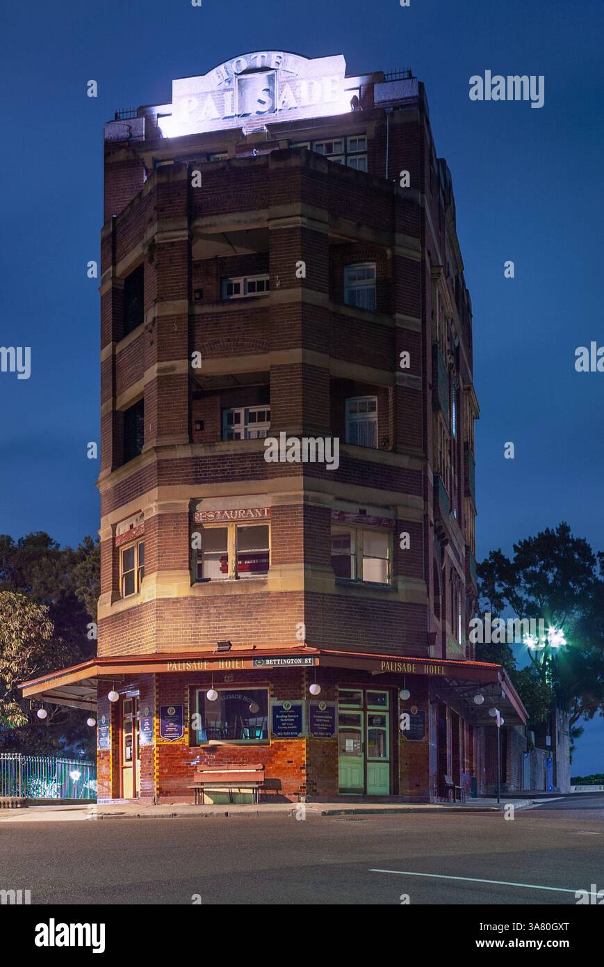 A night view of the Palisade Hotel on Dalgety Road at Bettington Street ...