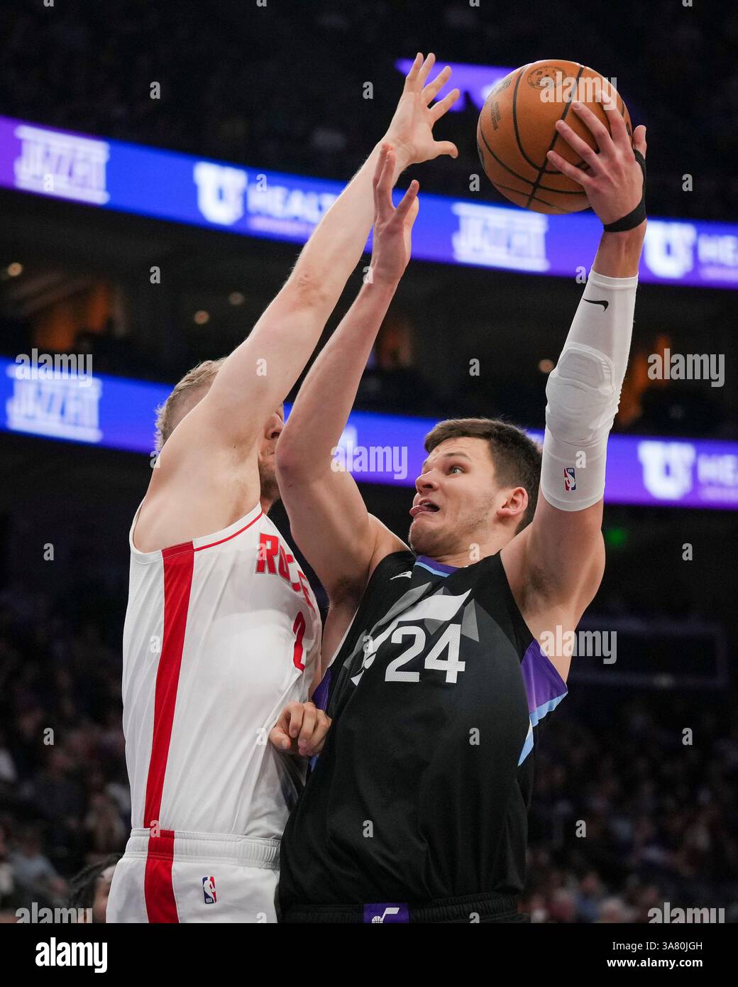 Utah Jazz center Walker Kessler (24) shoots as Houston Rockets center ...