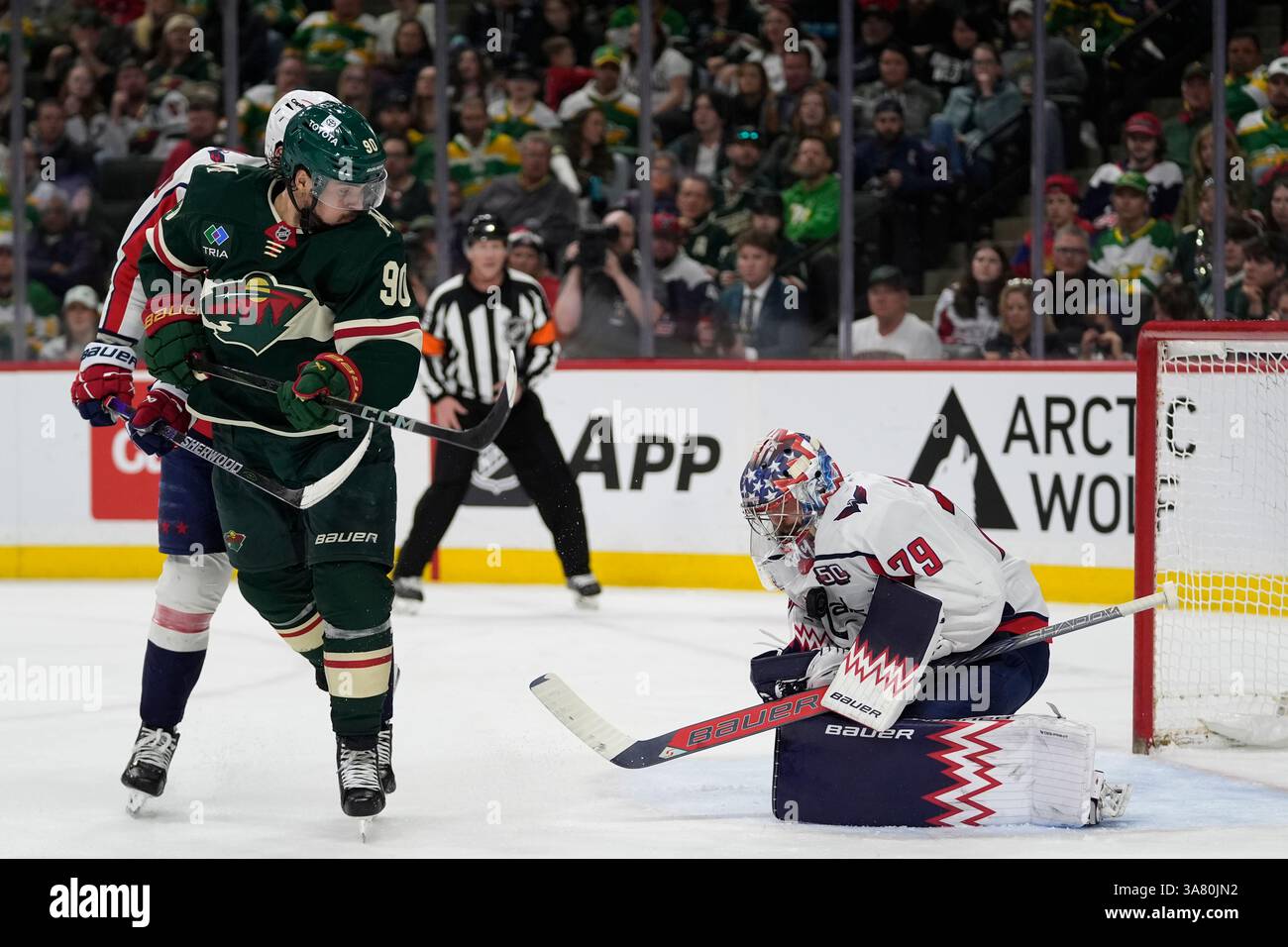 Washington Capitals goaltender Charlie Lindgren (79) stops a shot as ...
