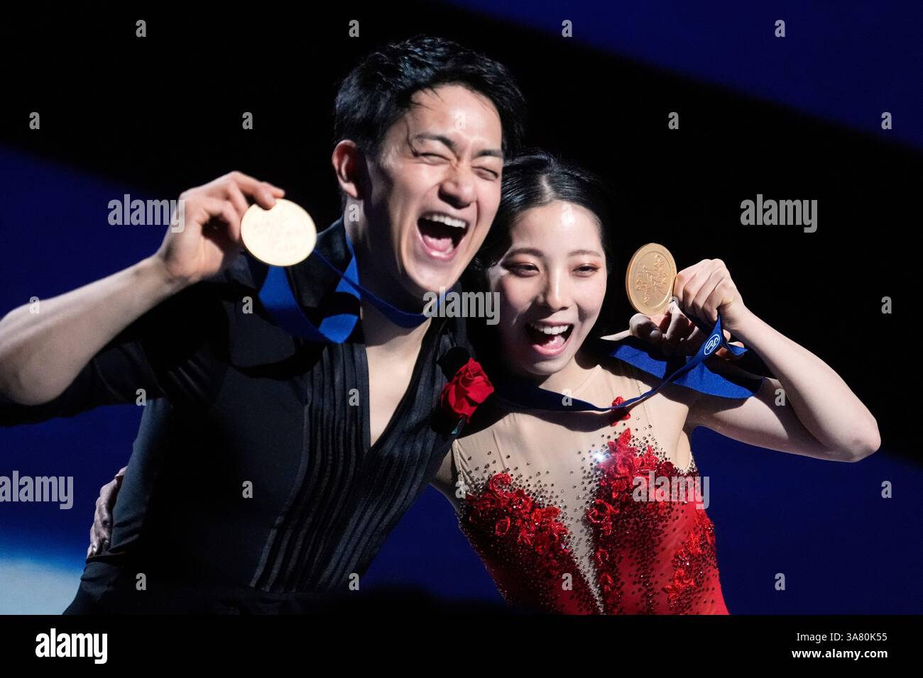 World Champions Riku Miura and Ryuichi Kihara, of Japan, pose with ...
