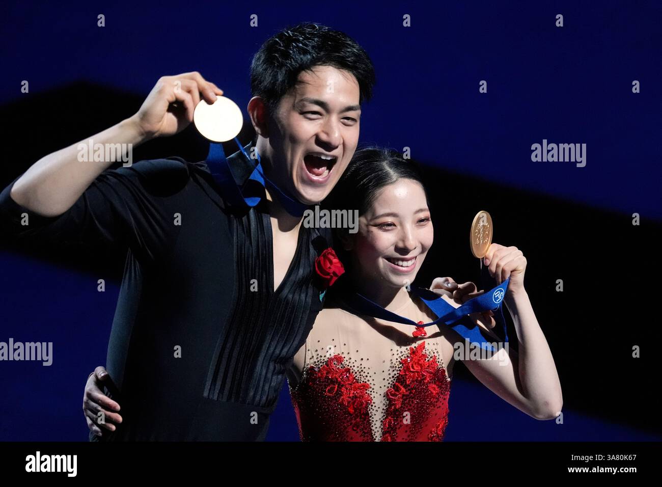 World Champions Riku Miura and Ryuichi Kihara, of Japan, pose with ...
