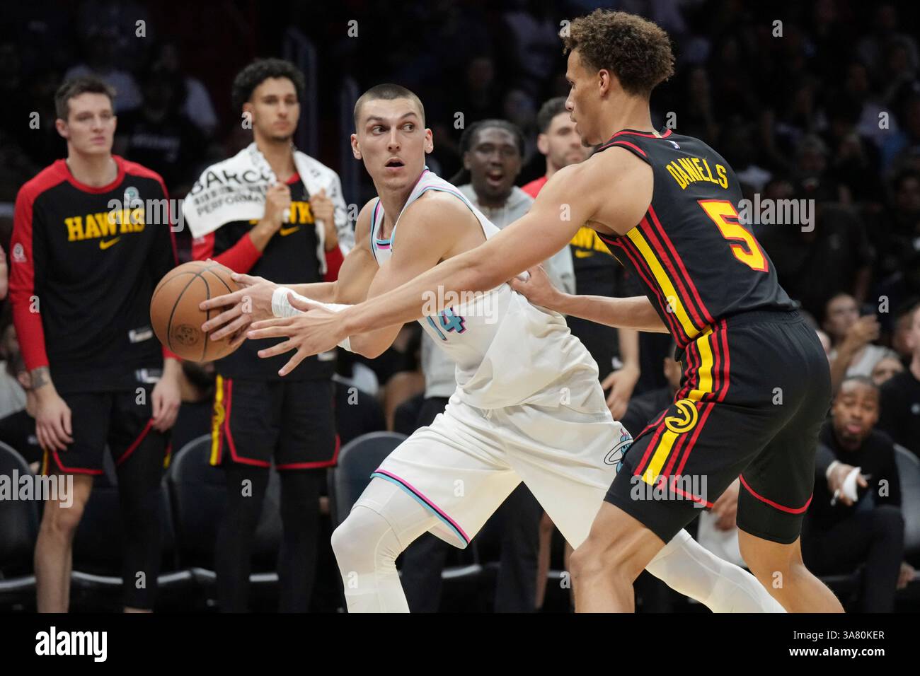Miami Heat guard Tyler Herro (14) looks to pass the ball as Atlanta ...