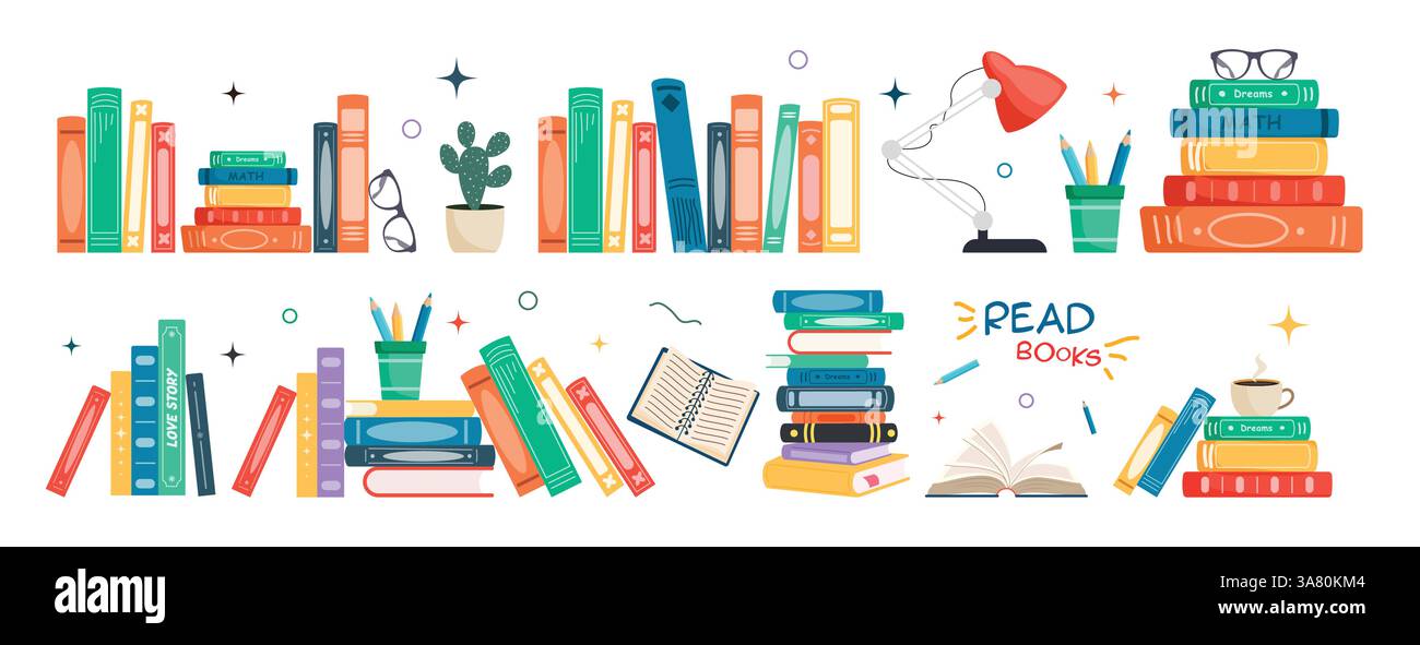 Books drawing colorful clipart set. School textbook education elements ...