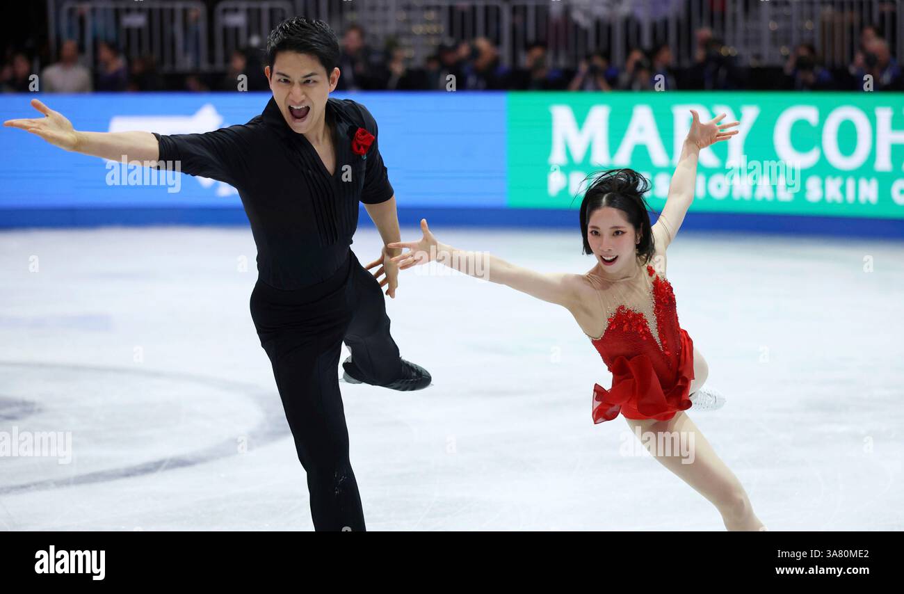 Riku MIURA and Ryuichi KIHARA of Japan perform during the pairs free ...