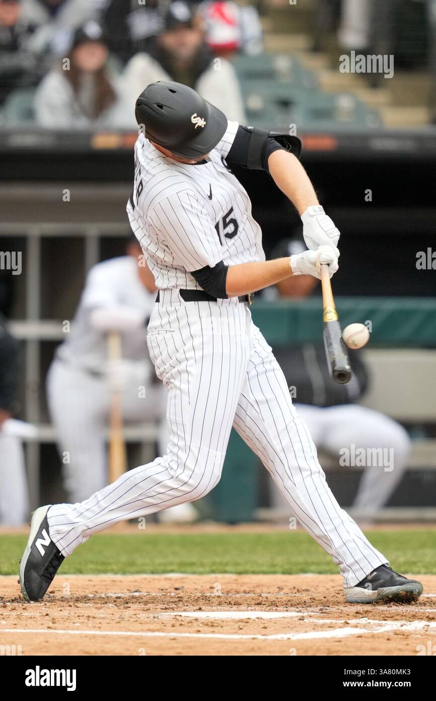 Chicago White Sox right fielder Austin Slater (15) connects the barrel ...