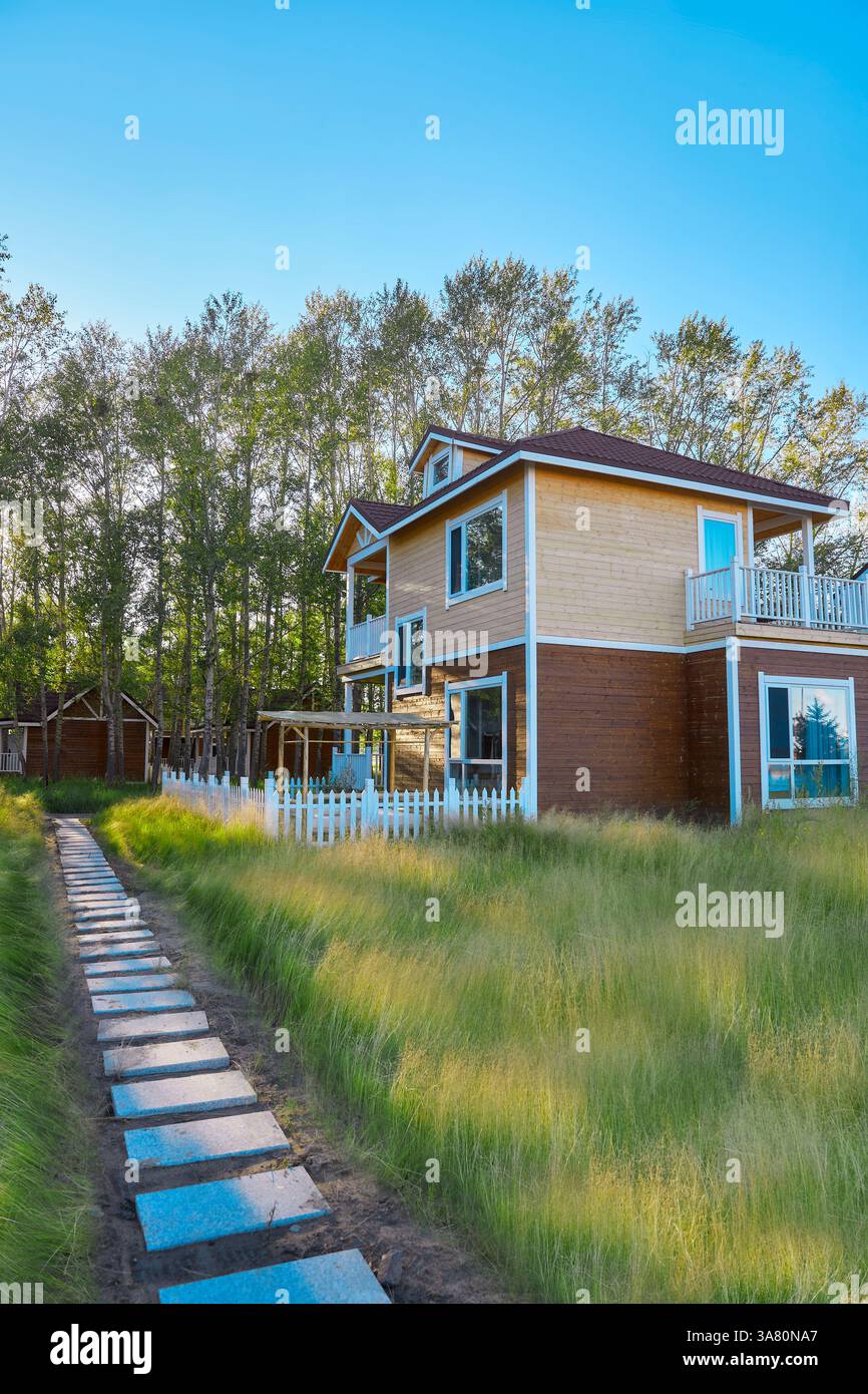 Newly Built House with Porch and Yard Stock Photo - Alamy