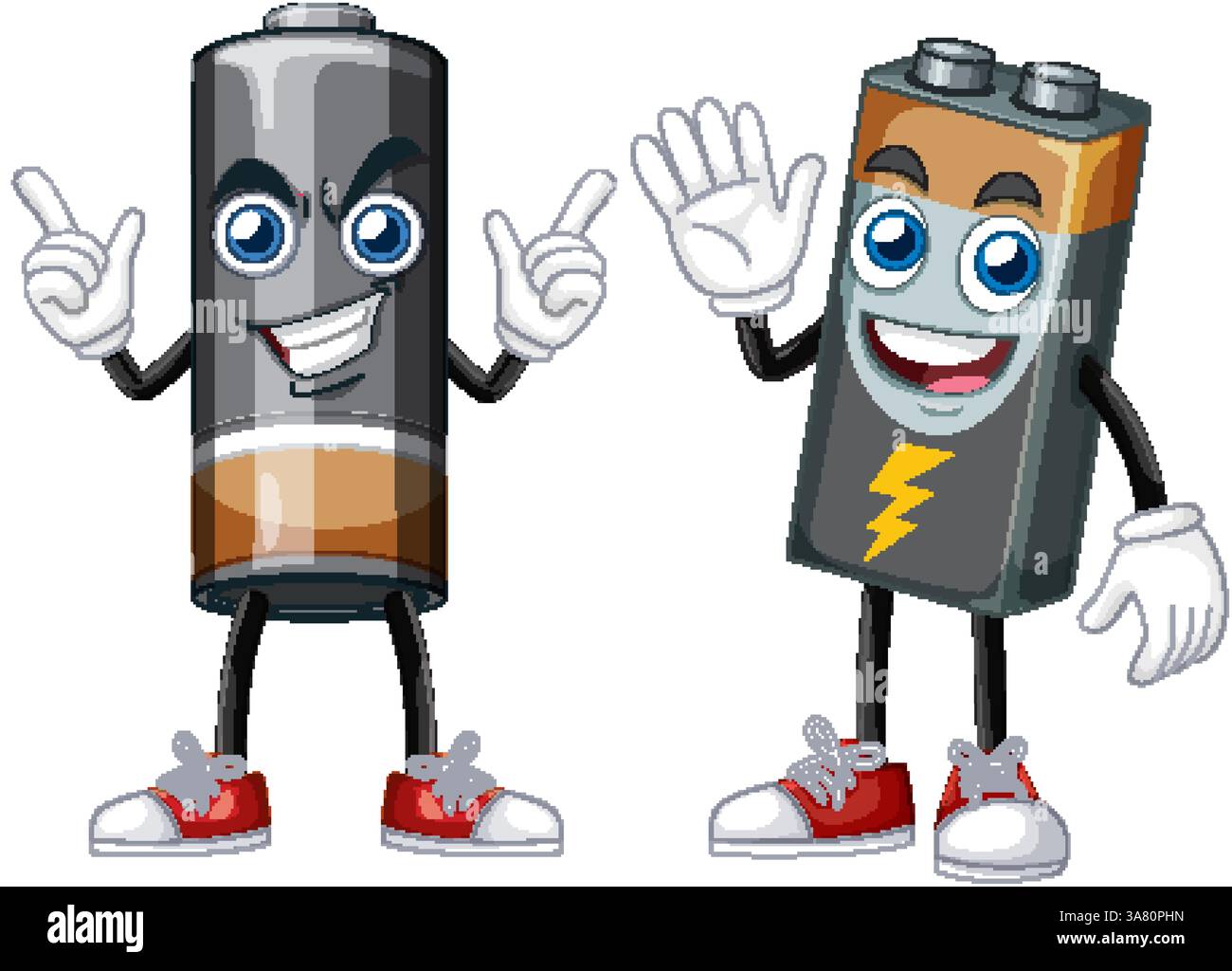Vector illustration of two animated battery characters with expressive ...