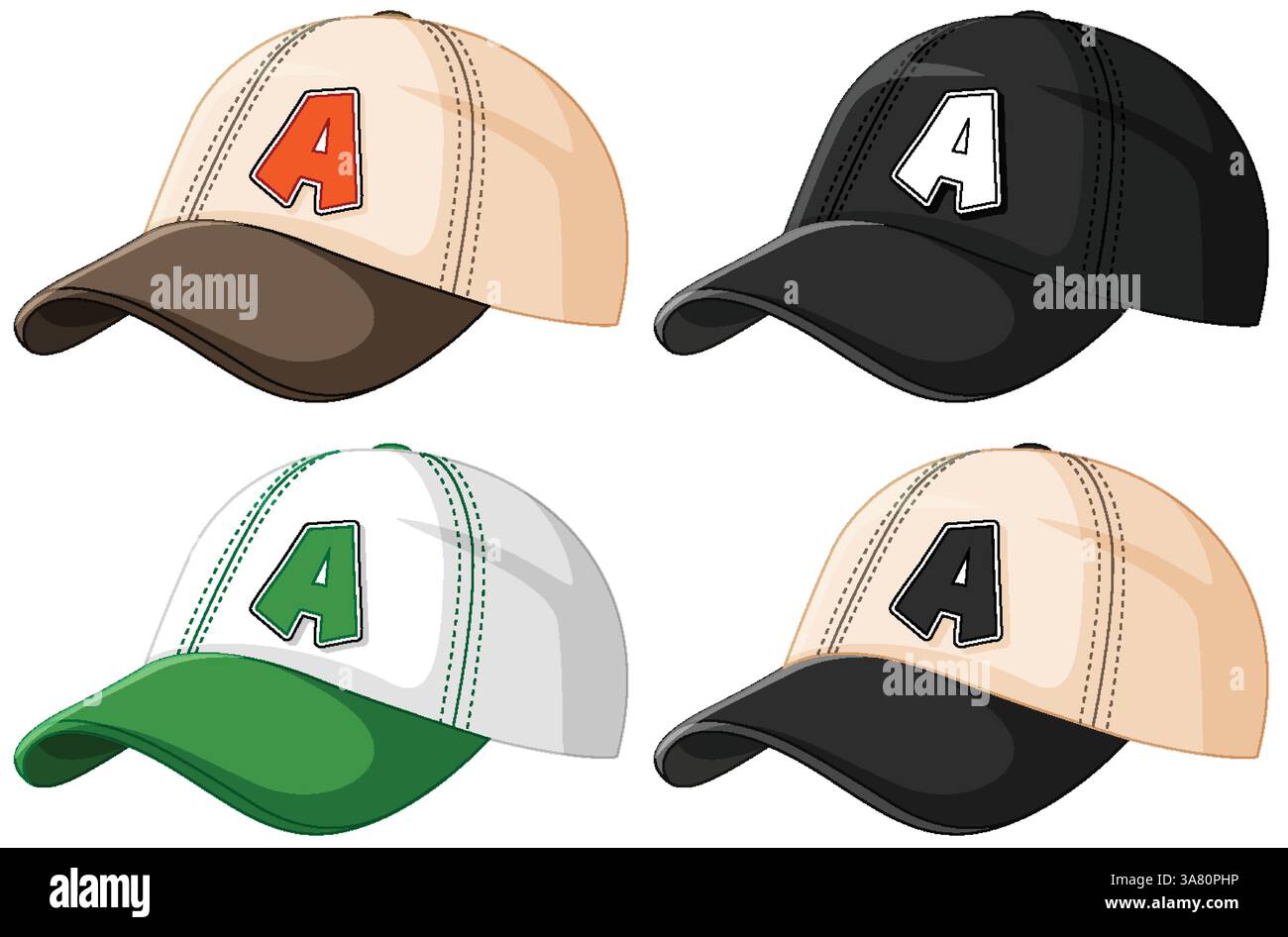 Vector illustration of four baseball caps in different colors with a ...