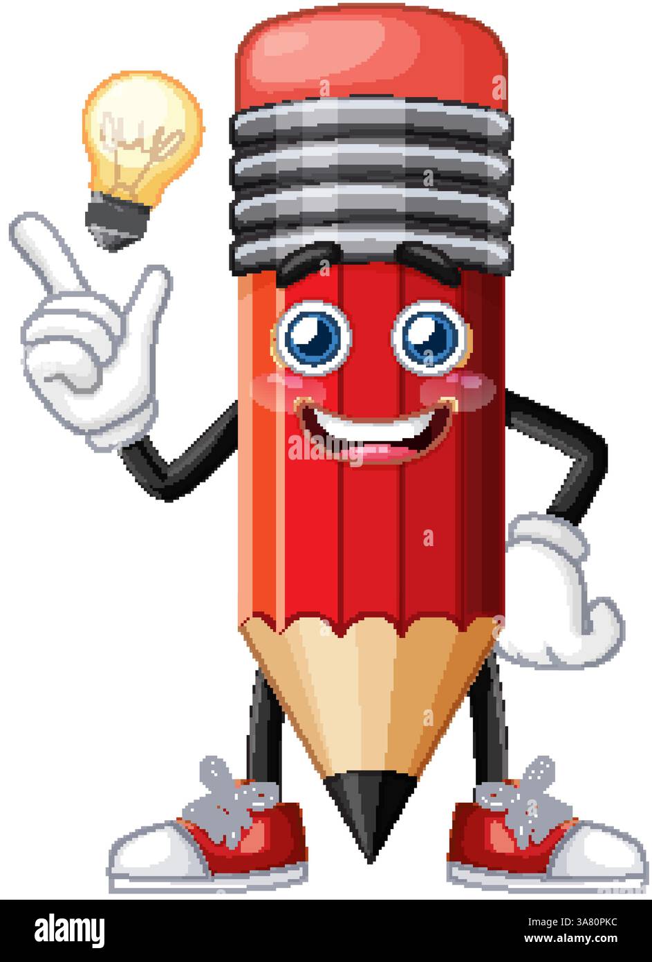 A vibrant vector illustration of a smiling pencil character holding a light bulb, symbolizing ...