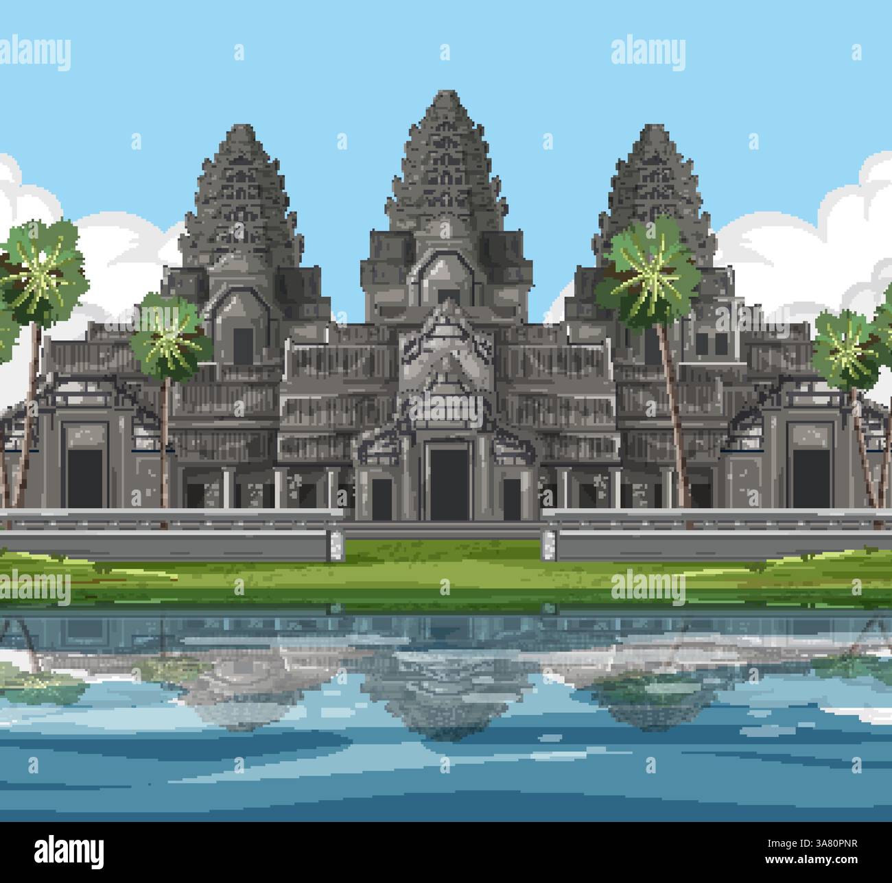 Detailed vector illustration of Angkor Wat temple with palm trees and ...