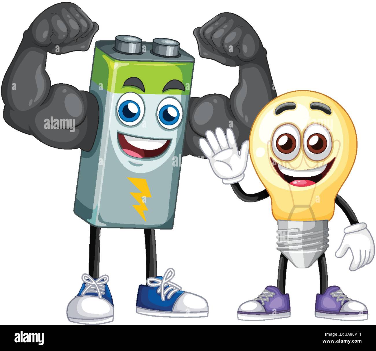 Playful vector illustration of a muscular battery and cheerful light ...
