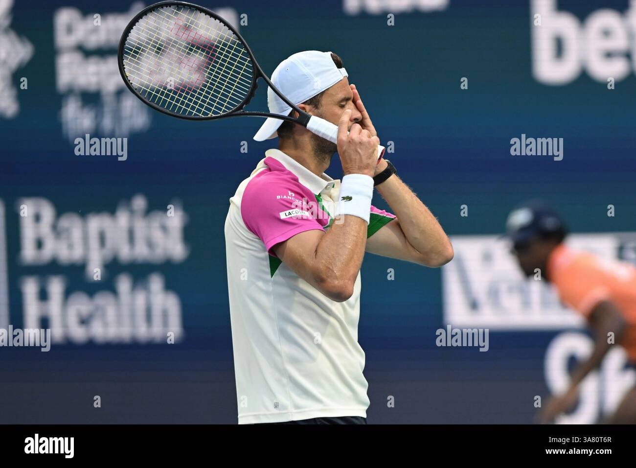 MIAMI GARDENS, FL - MARCH 26: Grigor Dimitrov (BUL) in action, against ...