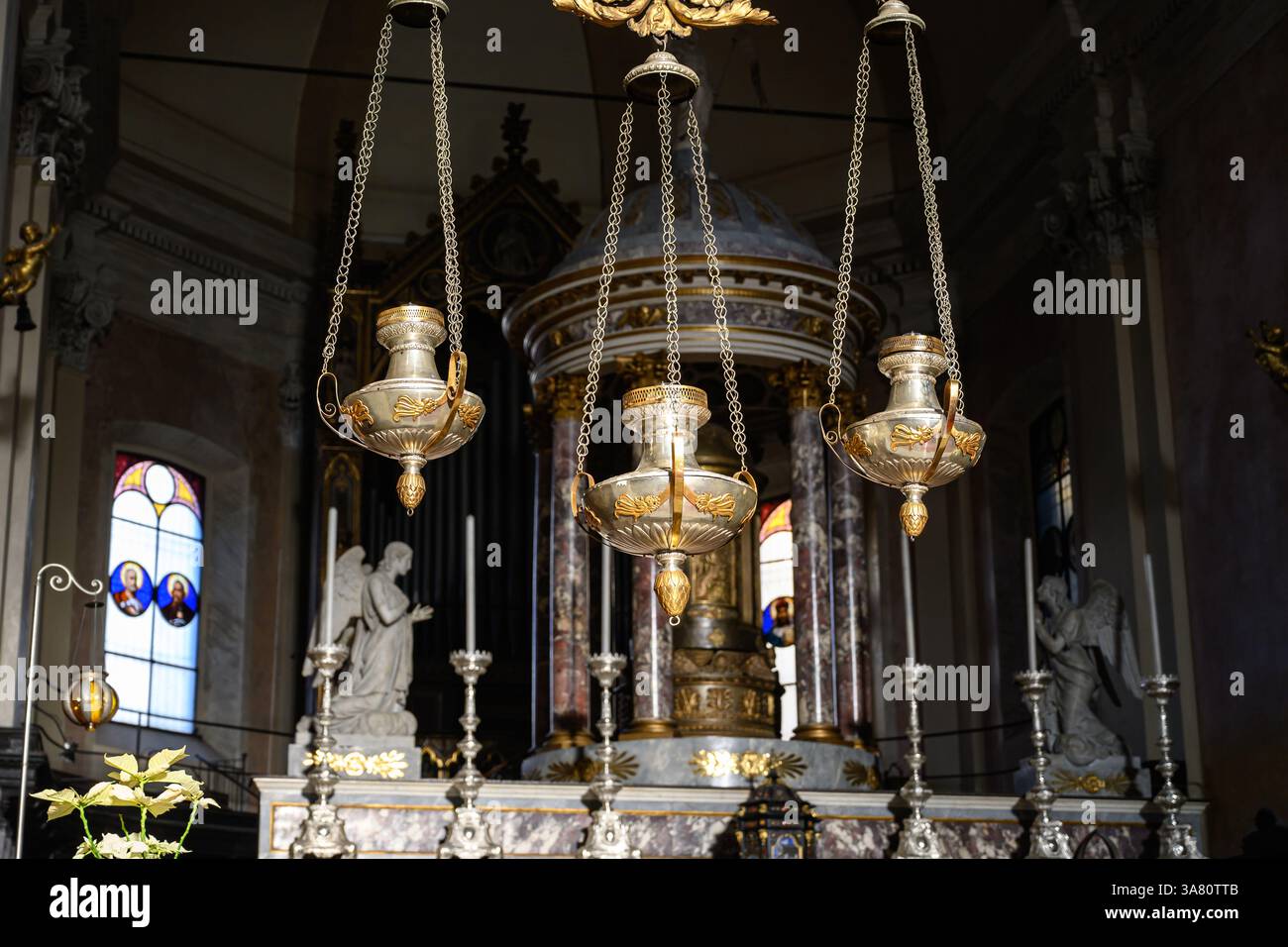 Hanging Thurible censers (incense burners) inside the Chiesa di Santa ...