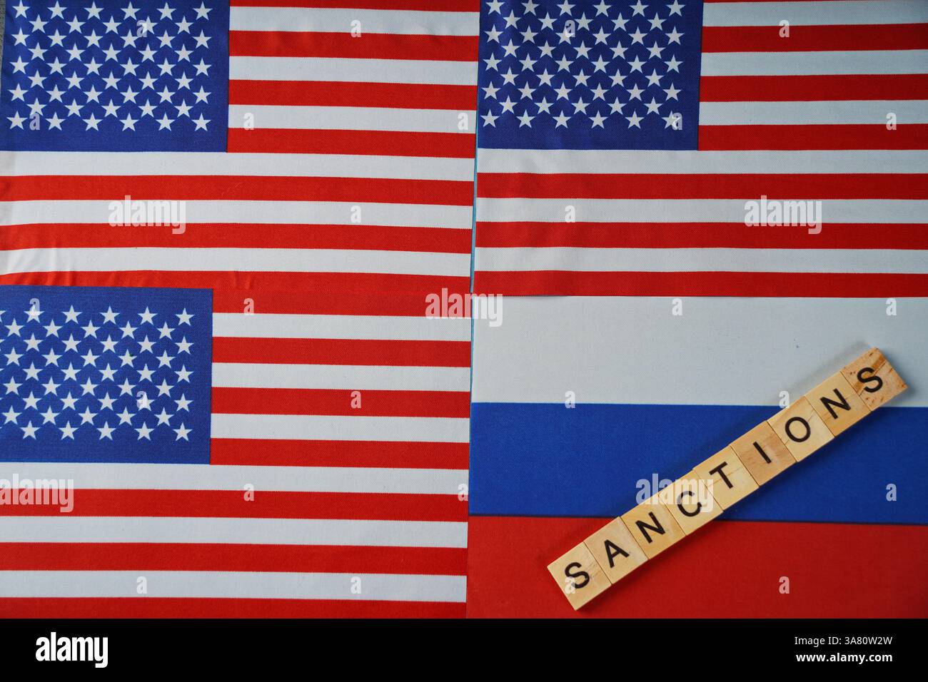 The flag of Russia and the flags of the USA. The inscription on them is ...