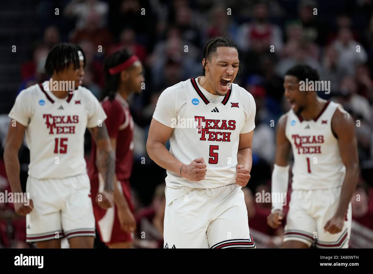 Texas Tech forward Darrion Williams (5) reacts after taking the lead ...