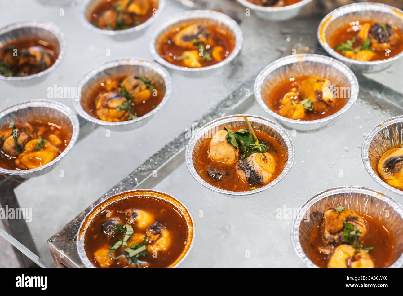 exotic Asian food duck egg balut with embryo in a buffet in an Asian ...