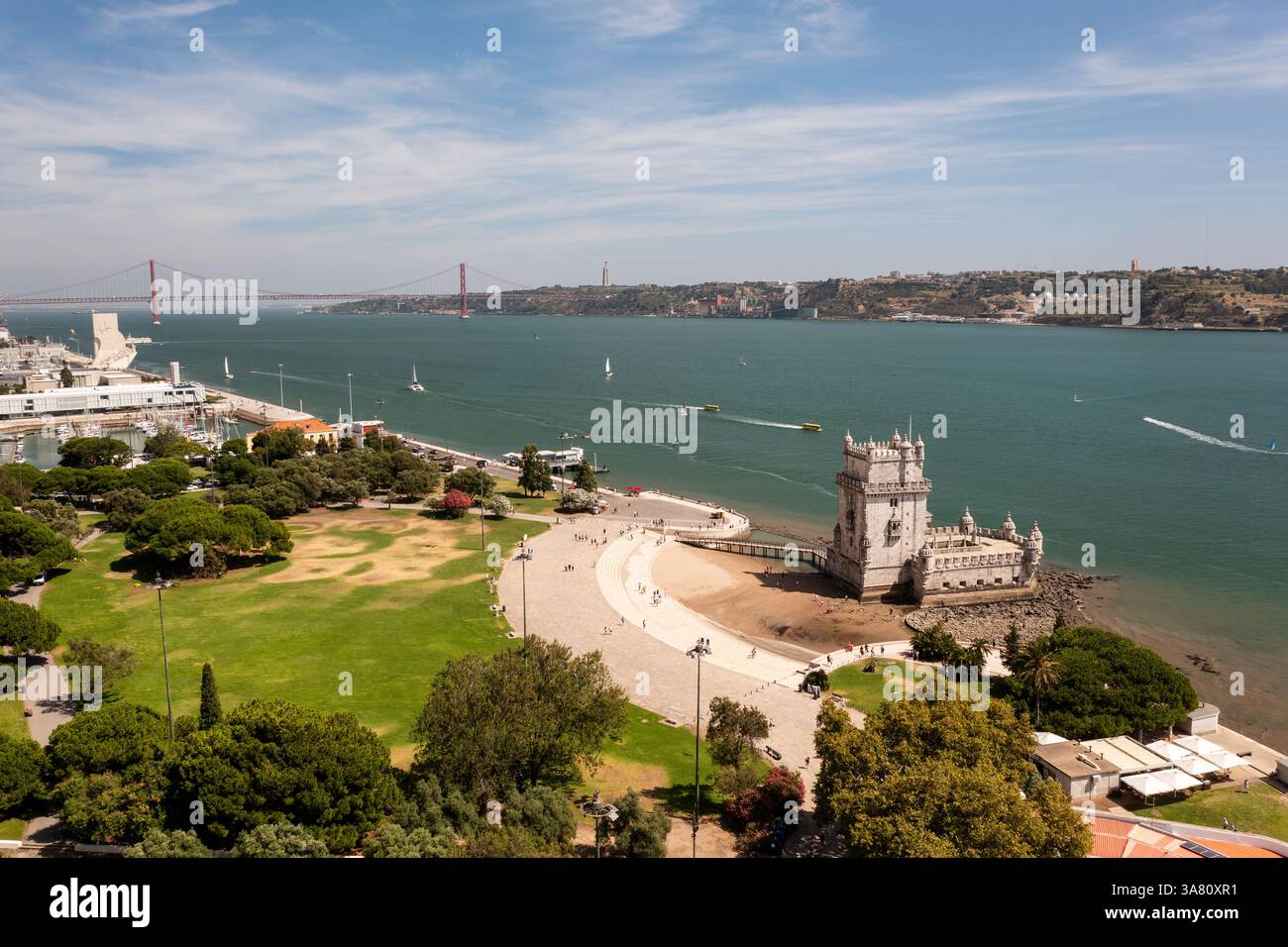 Aerial drone view of Belem Tower, the old gateway to Lisbon, with 25 de ...