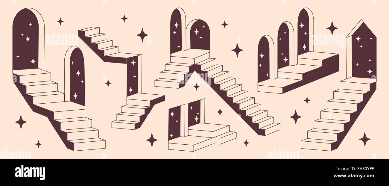 Brown retro winding staircase with arched doorways and sparkling stars ...