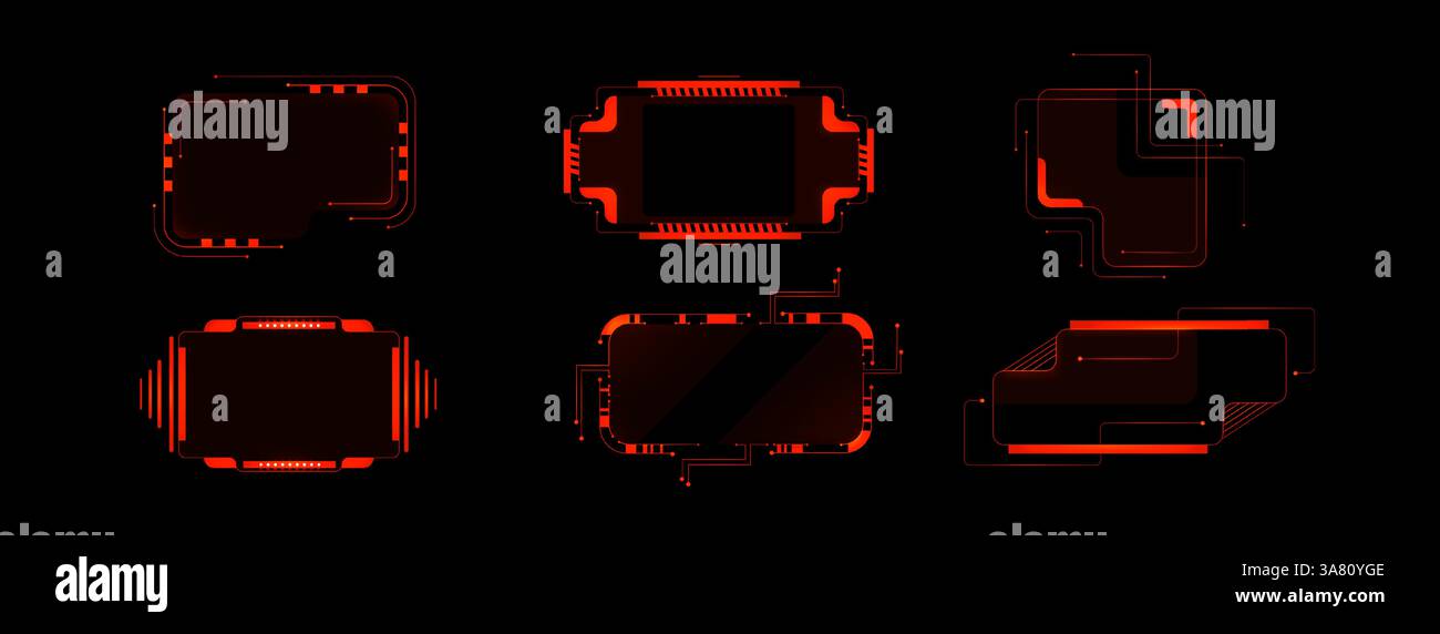 Red cyberpunk hud frames set isolated on black background. Vector realistic illustration of ...