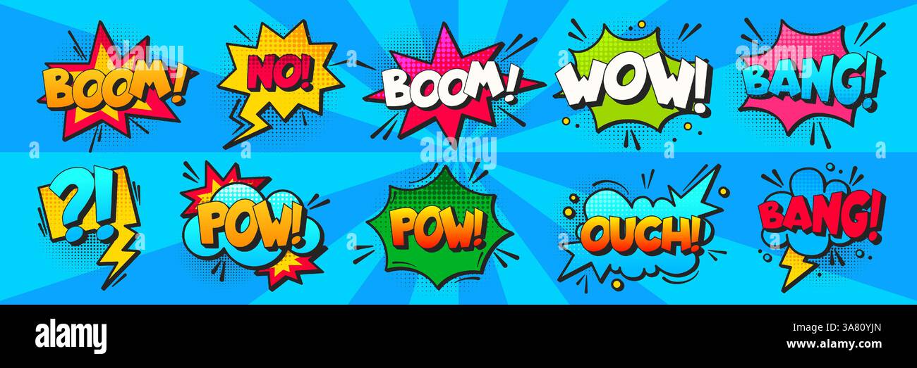 Comic sound effect speech bubbles - pow, wow, boom, bang, no and ouch ...