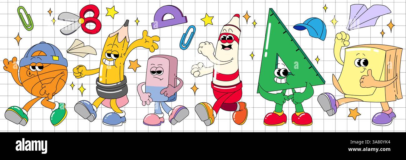 Groovy cartoon school characters - cheerful basketball and pencil ...