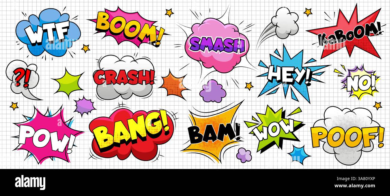Set of comic book style onomatopoeia and exclamations in colorful ...