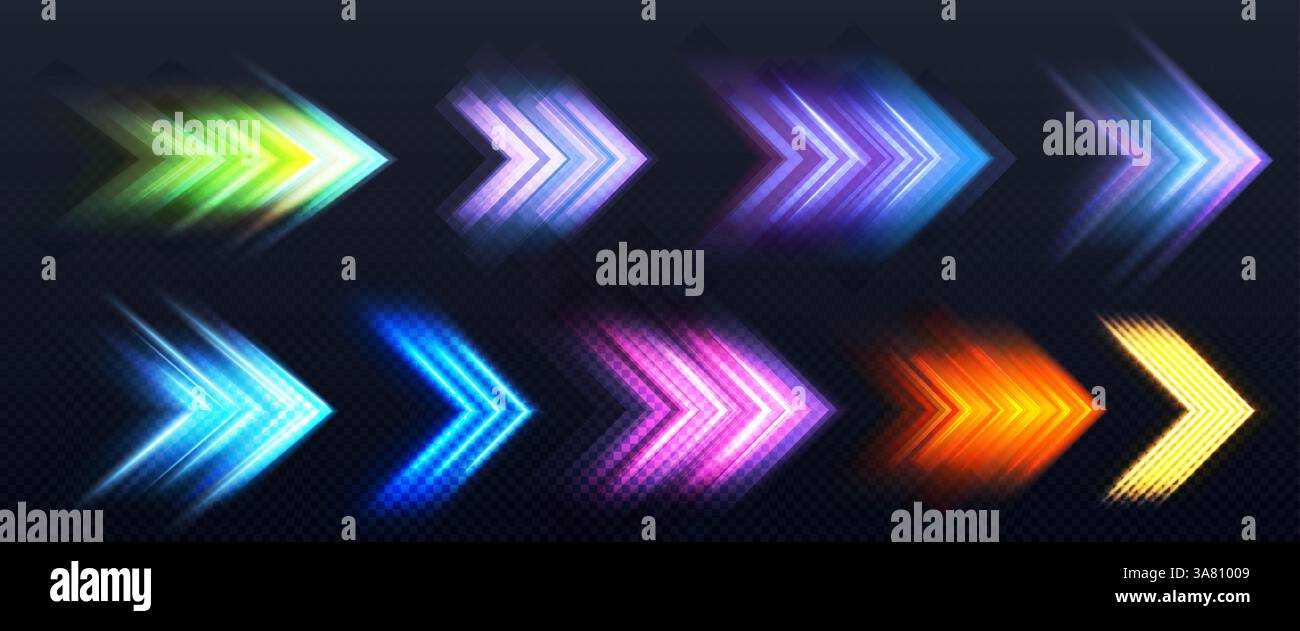 Glowing arrow shapes set - colorful neon pointers with light trails ...