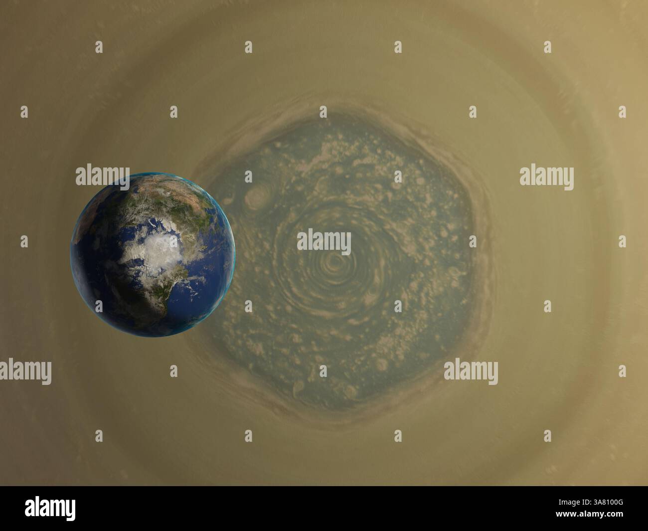 Planet Earth next to the hexagonal storm on Saturn's north pole close ...