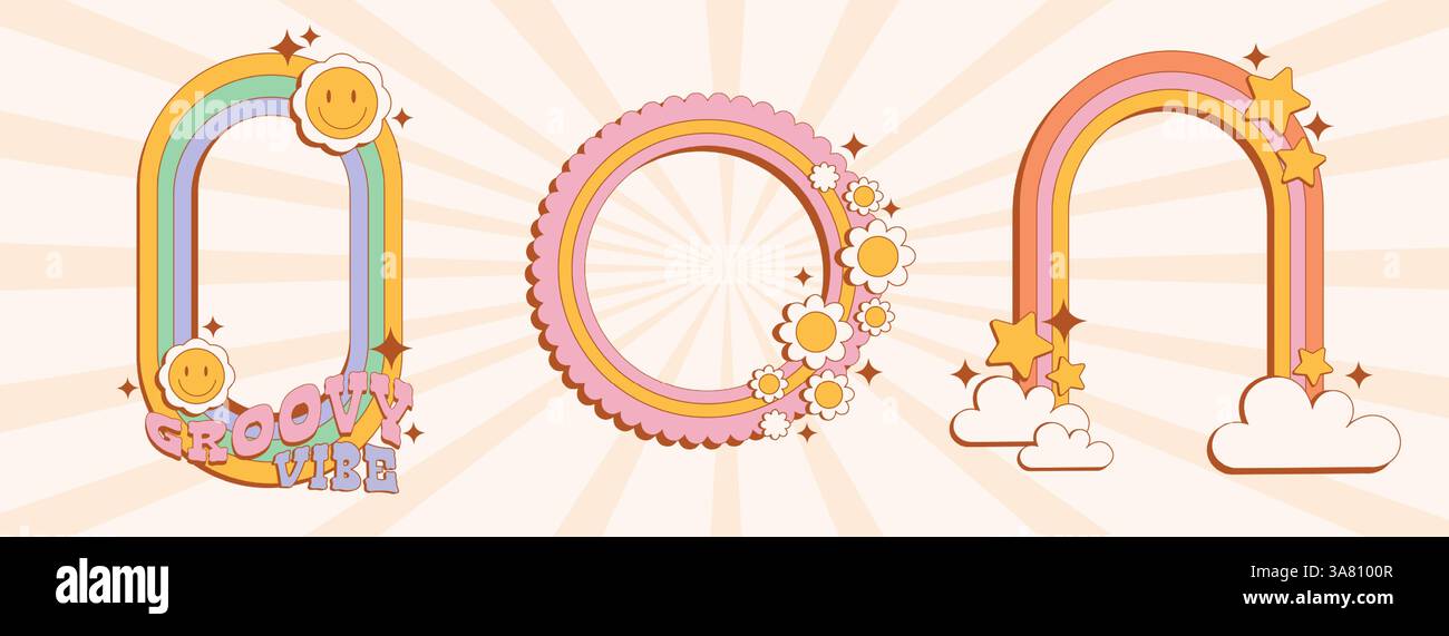 Groovy borders with smiley face, stars, flowers. Psychedelic retro ...