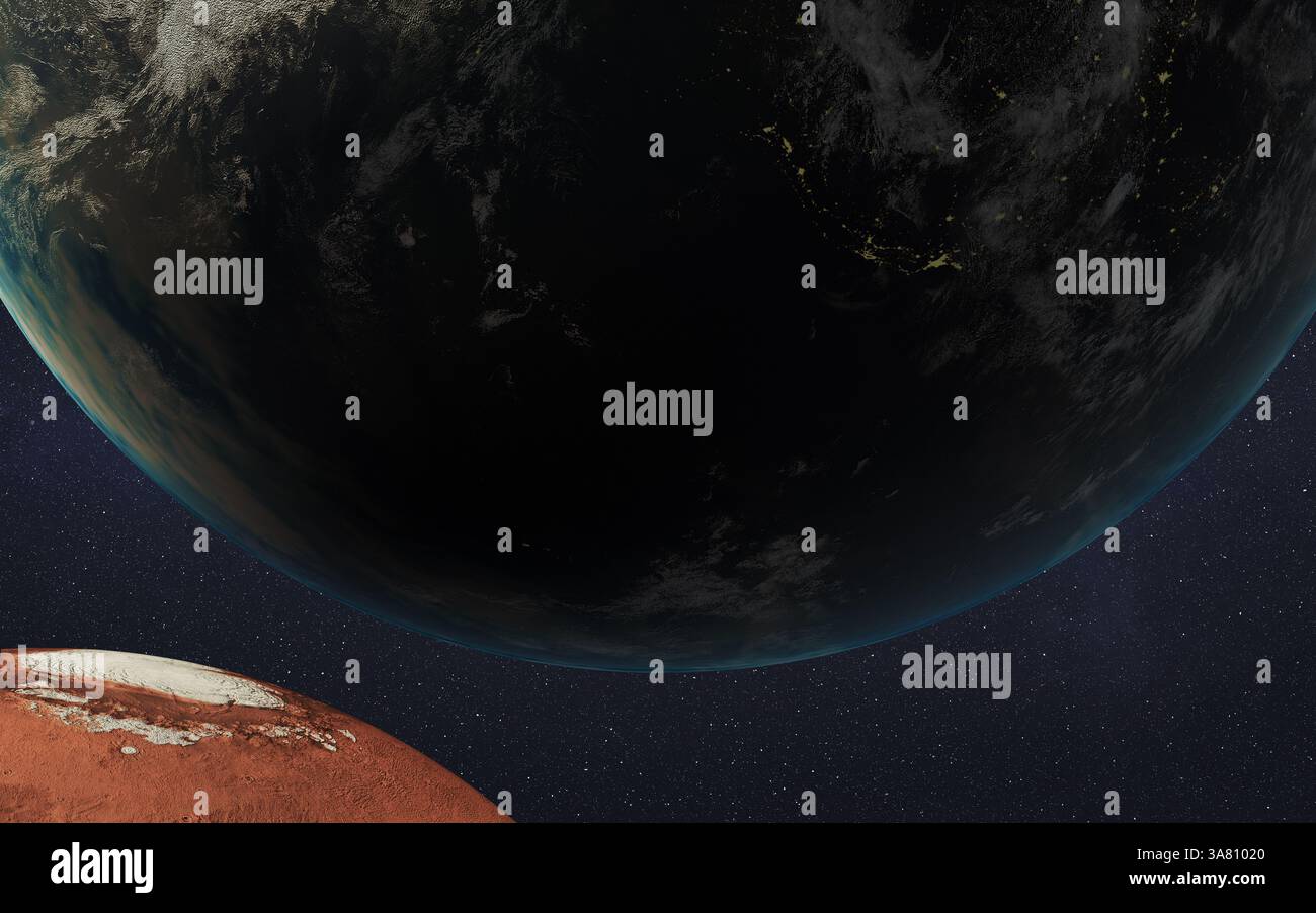 Planet Earth And Mars planets of solar system at night in outer space ...
