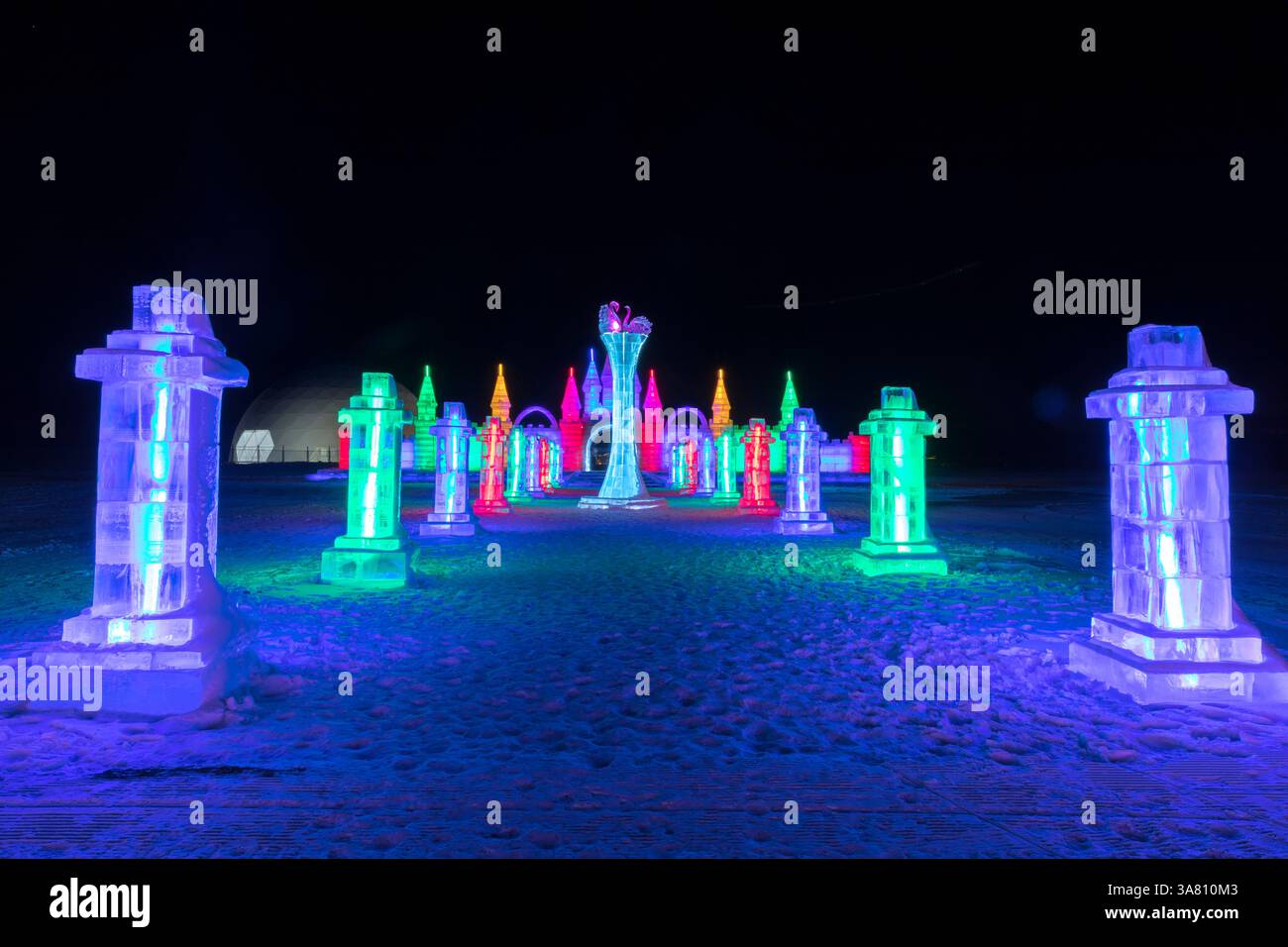 Illuminated Ice Sculpture Display at Night Stock Photo - Alamy