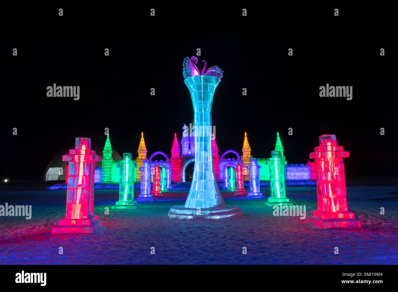 Illuminated Ice Sculpture Display at Night Stock Photo - Alamy
