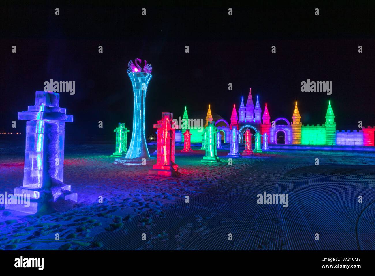 Illuminated Ice Sculpture Display at Night Stock Photo - Alamy