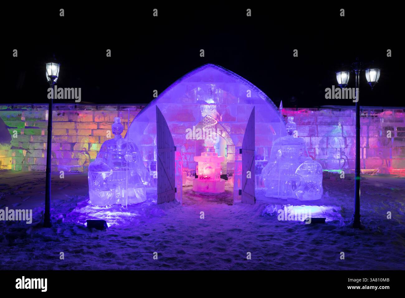 Illuminated Ice Sculpture Display at Night Stock Photo - Alamy