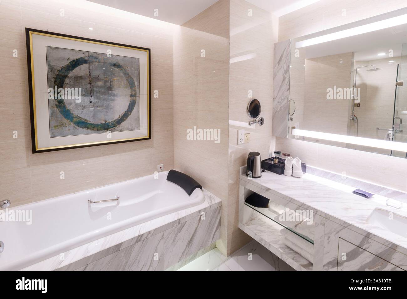 Modern Bathroom with Glass Shower and Gold Fixtures Stock Photo - Alamy