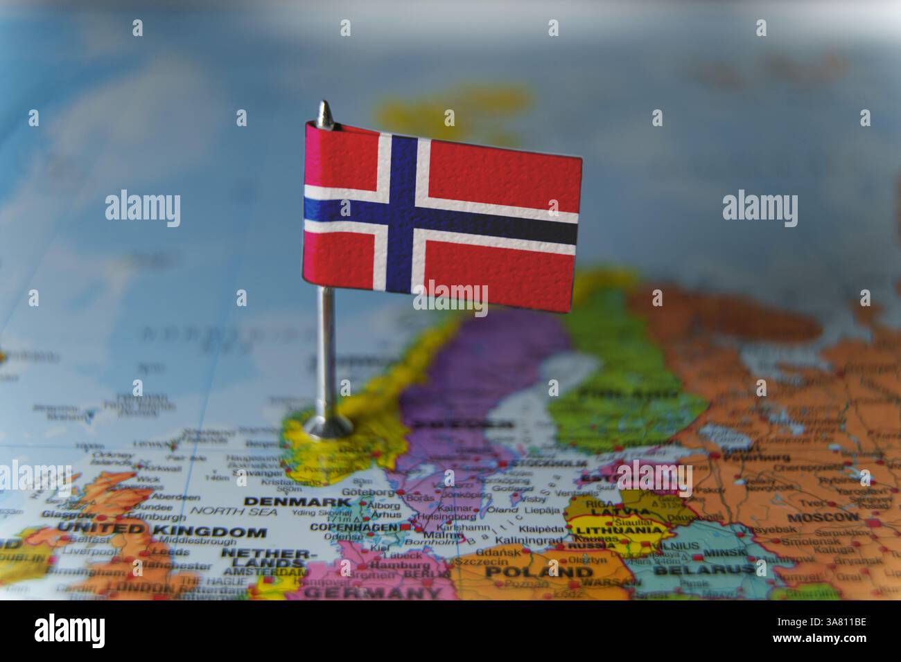 Norway map with a pin showing the national flag. Close-up view. Travel ...