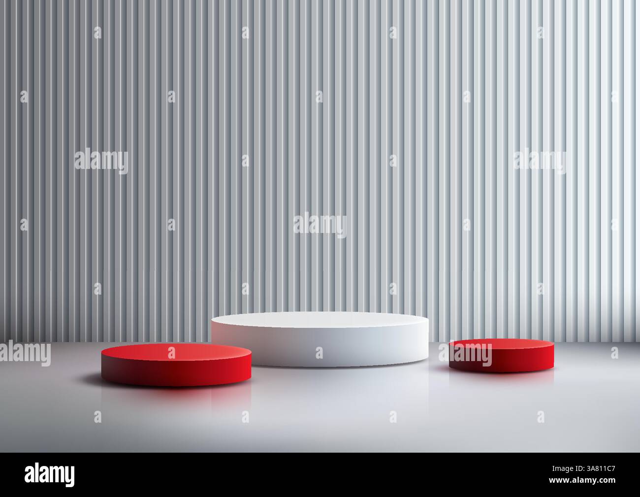 modern 3d round podium mockup in red and white on a reflective floor ...